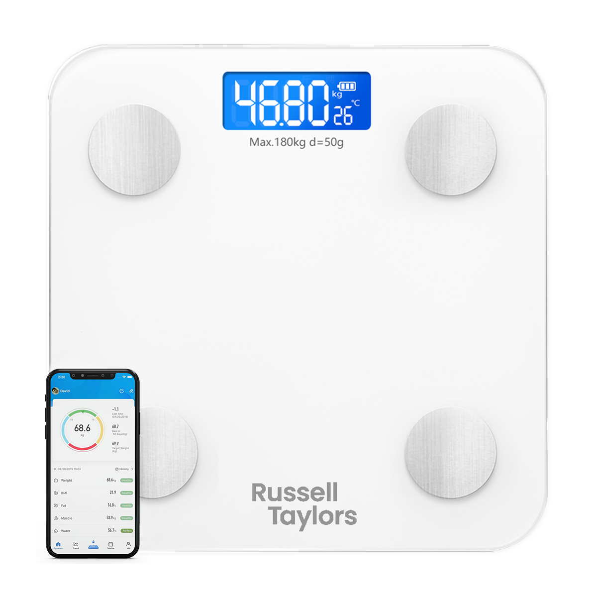 Russell Taylors Body Fat Smart Bluetooth Weighing Scale BWS-10 Body Co ...